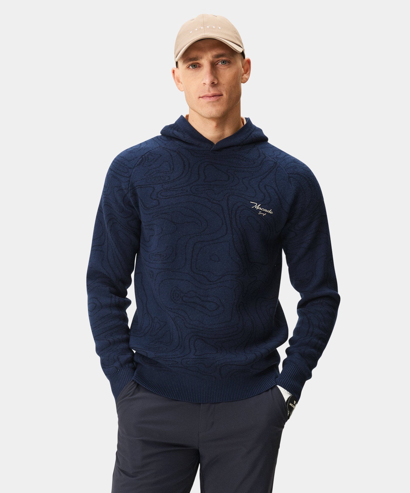 Dark Blue Script Knit Hoodie – Macade